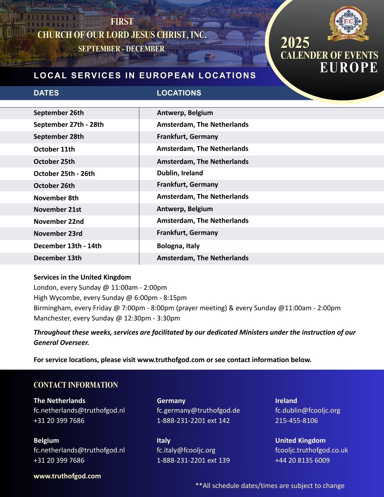 Europe – 2025 / Calendar Of Events – Truth Of God